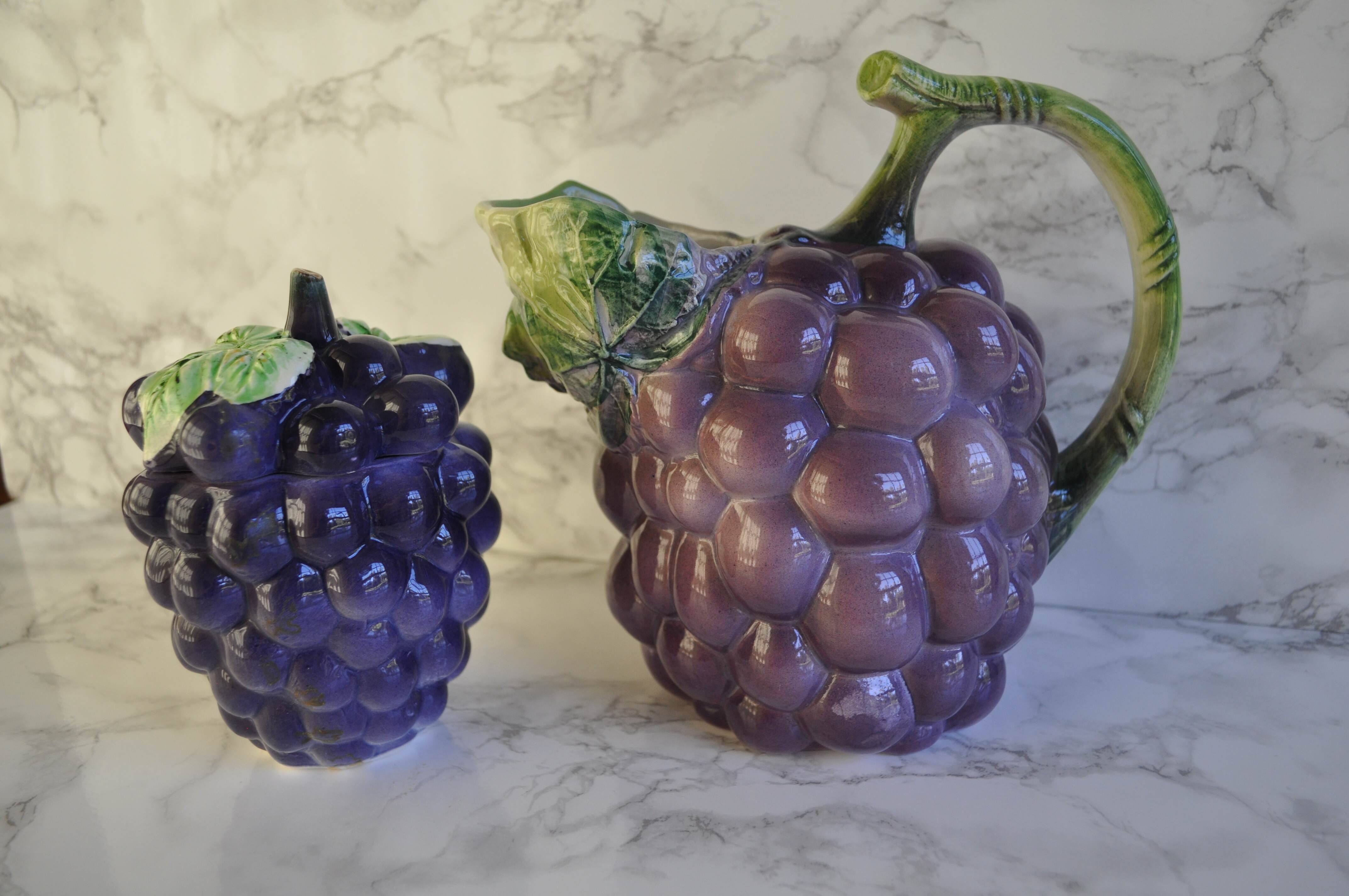 Italian Grape Pottery Pitcher and covered bowl